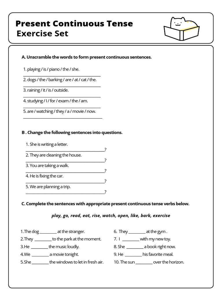 Present Continuous Tense Exercises | PDF