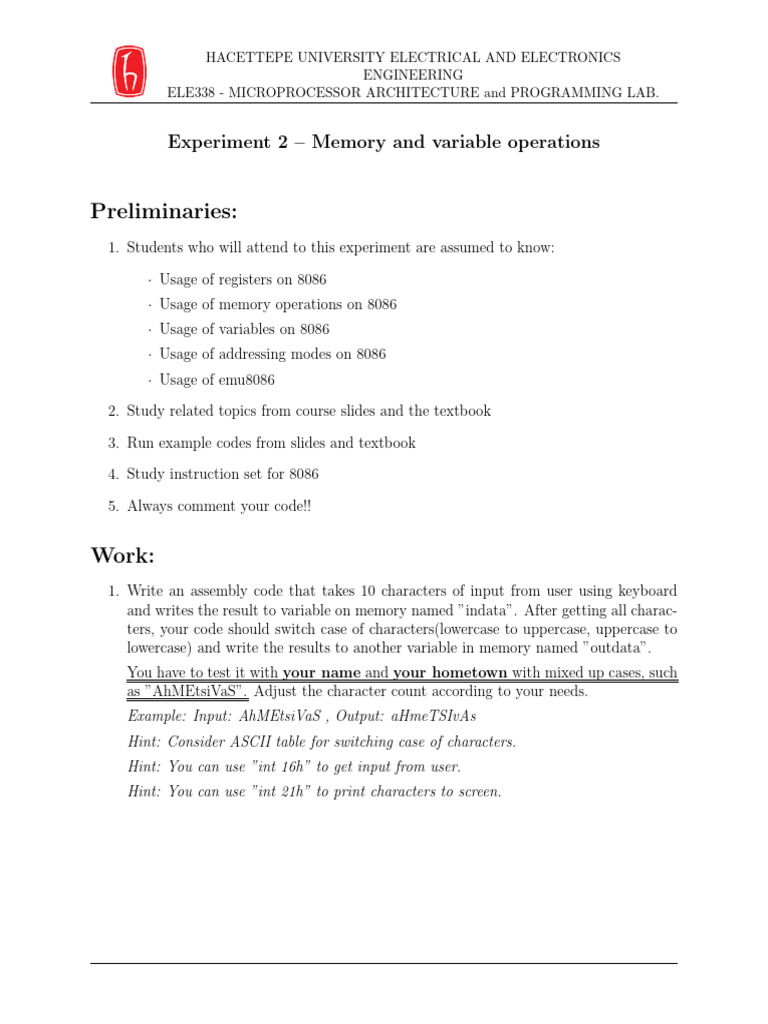 ELE338 - Preliminary Work 2 | PDF | Letter Case | Assembly Language