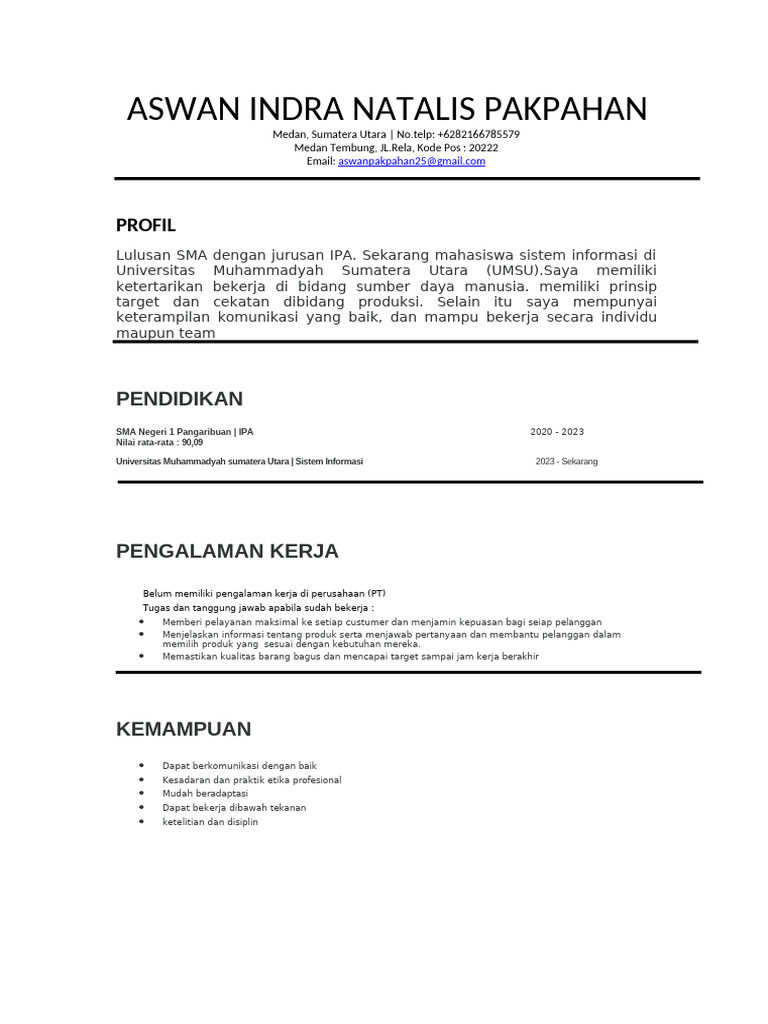 Curriculum Vitae Aswan Indra Natalis | PDF