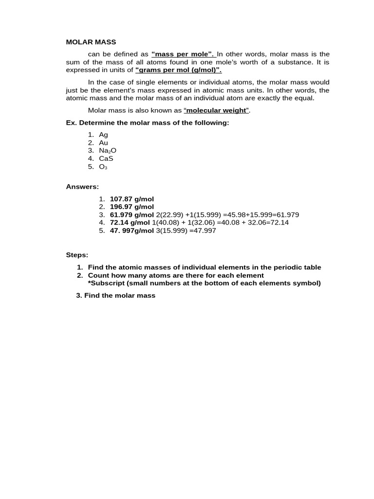 Molar Mass | PDF | Mole (Unit) | Colloid