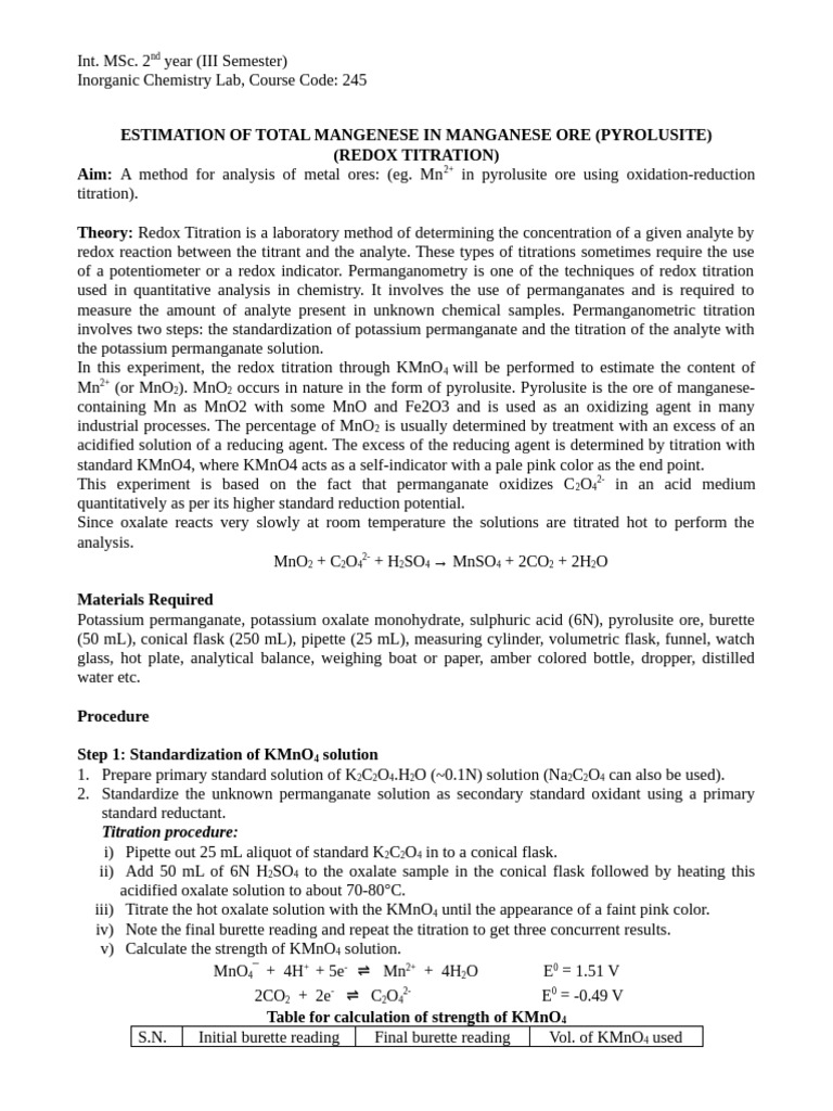 Exp 6 (C 245) Redox Titration | PDF | Titration | Chemistry