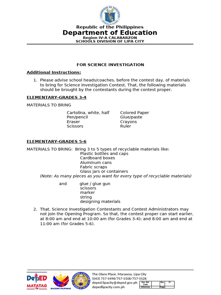 Elementary-Additional Instructions For Science Investigation | PDF