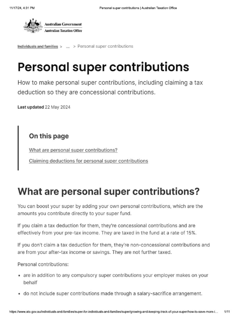 Personal Super Contributions - Australian Taxation Office | PDF