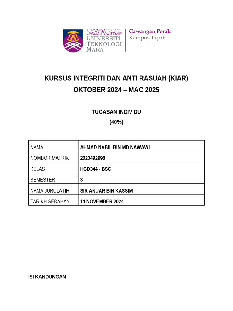 Cover Page - Kursus Integriti Dan Anti Rasuah | PDF | Pengelolaan Keuangan & Uang