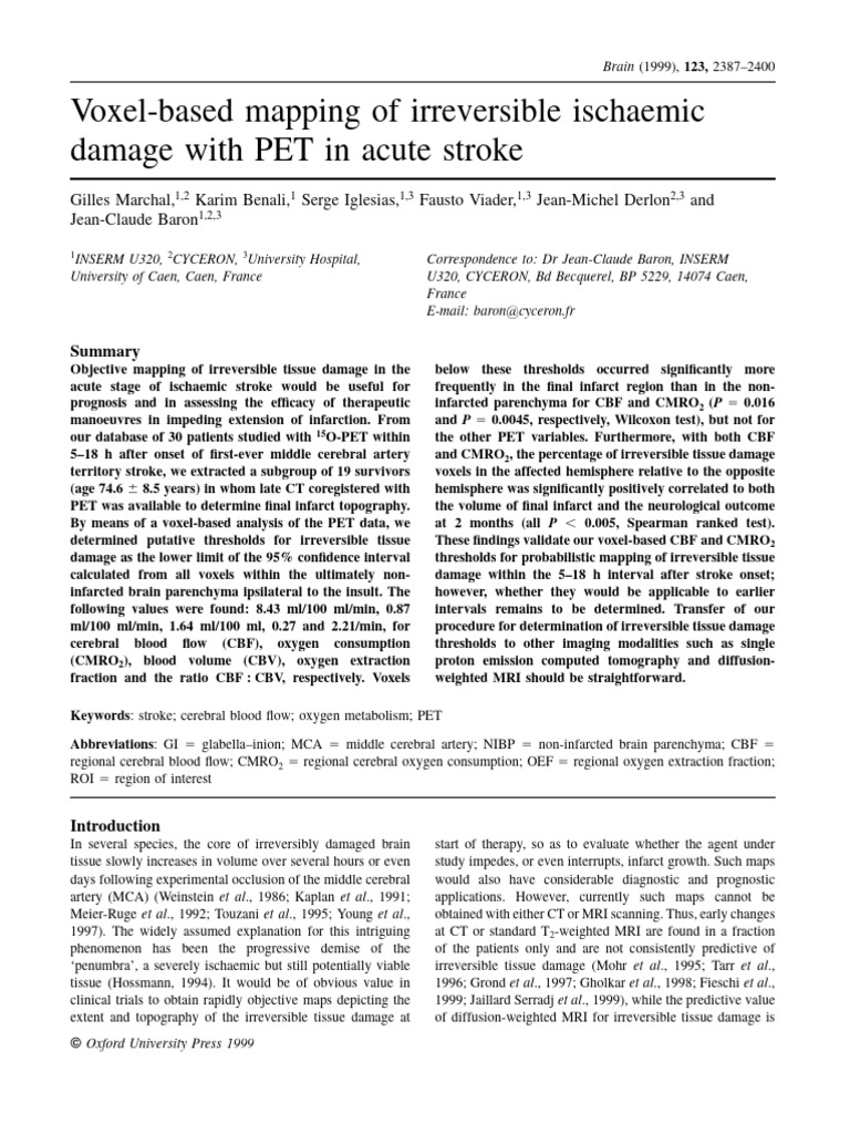 Voxel-Based Mapping of Irreversible Ischaemic Damage With PET in Acute Stroke | PDF | Ct Scan ...