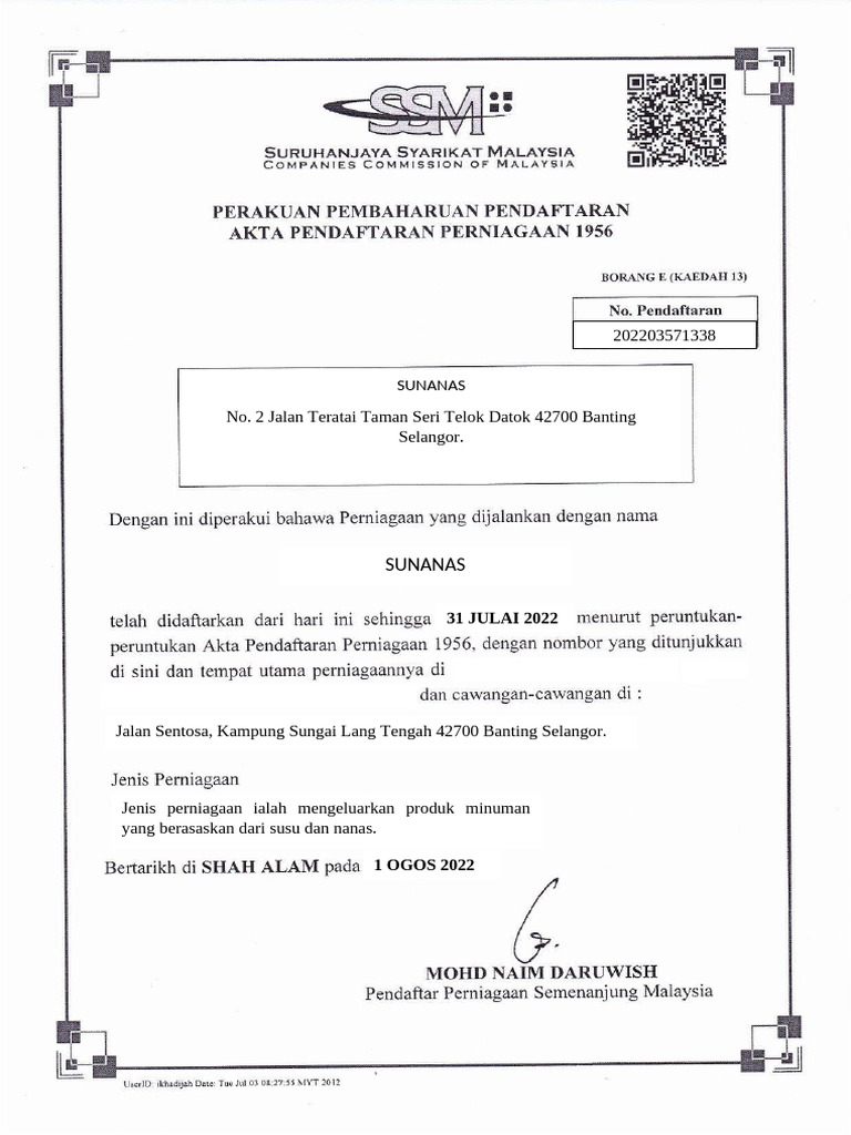 SSM Surat Daftar | PDF