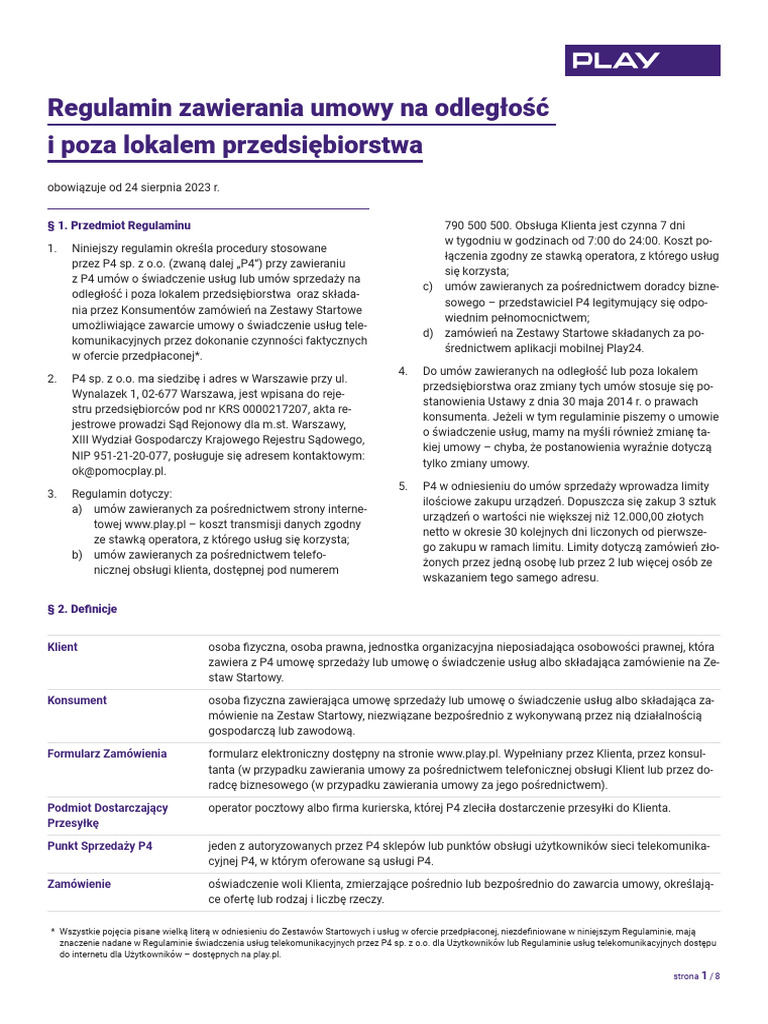 Regulamin Zawierania Umowy Na Odleglosc 2023-08-24-1 | PDF