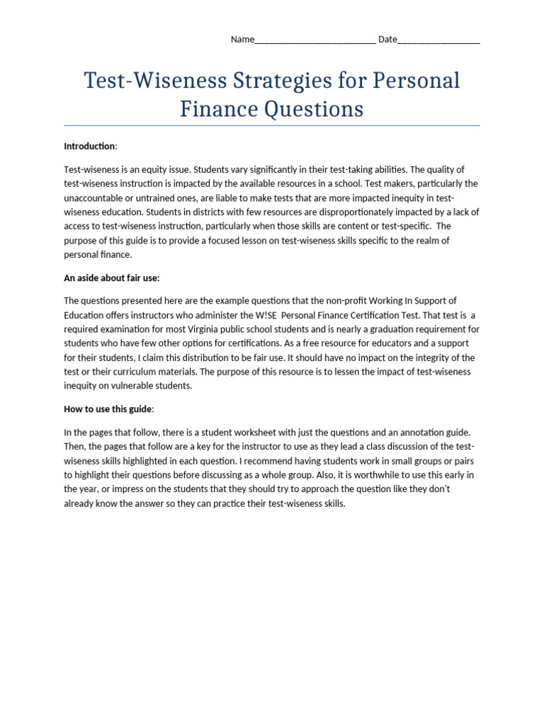 Test-Wiseness Strategies For Personal Finance Questions | PDF | Loans ...