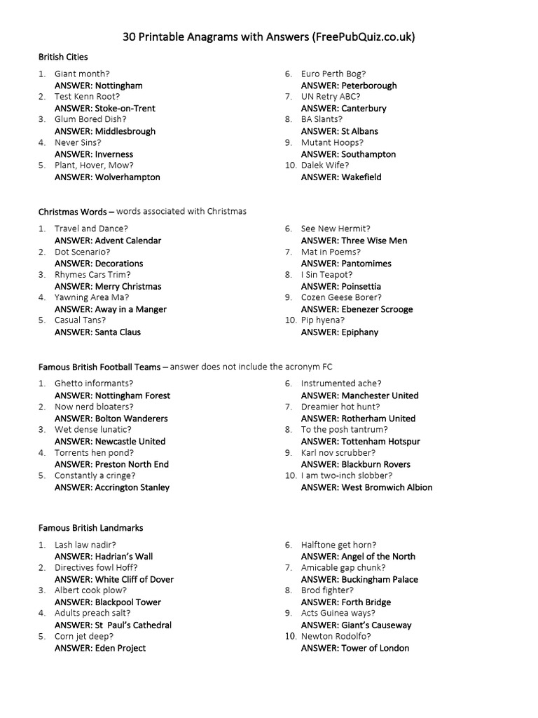Printable Anagrams Quiz With Answers | PDF | Association Football Teams ...