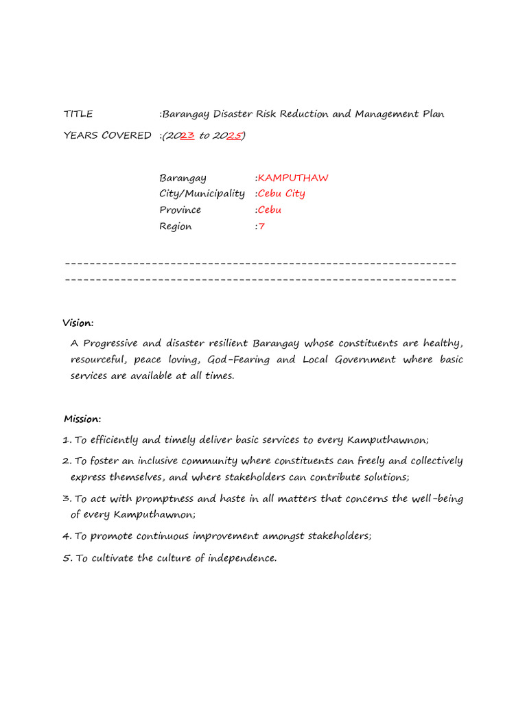 Kamputhaw BDRRM Plan | PDF | Disaster Risk Reduction | Emergency Evacuation