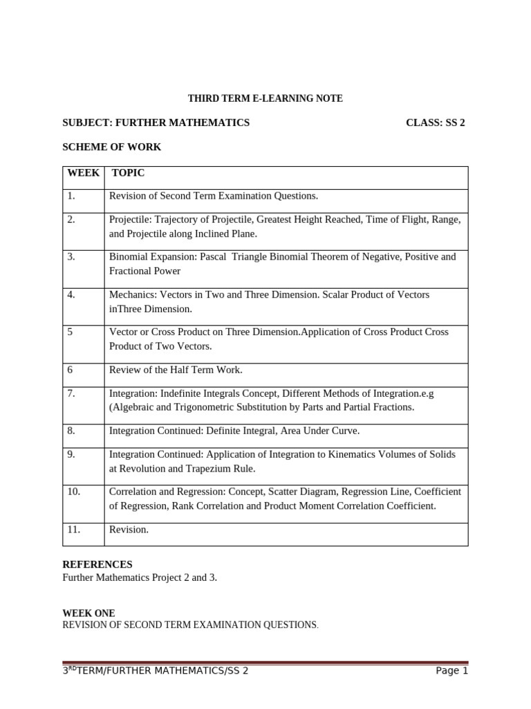 Third Term SS2 Further Maths | PDF | Euclidean Vector | Integral