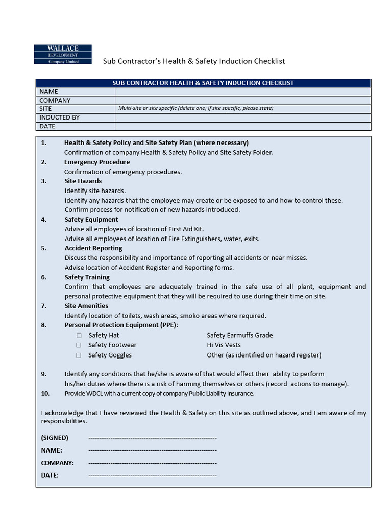 Sub Contractors Health Safety Induction Checklist | PDF | Technology ...