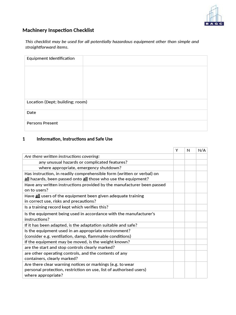 Machine Safety Inspection Checklist | PDF | Safety | Occupational ...