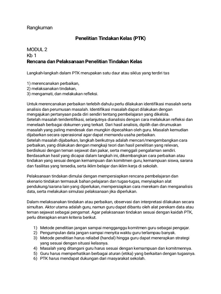 Rangkuman Penelitian Tindakan Kelas Modul 2 | PDF