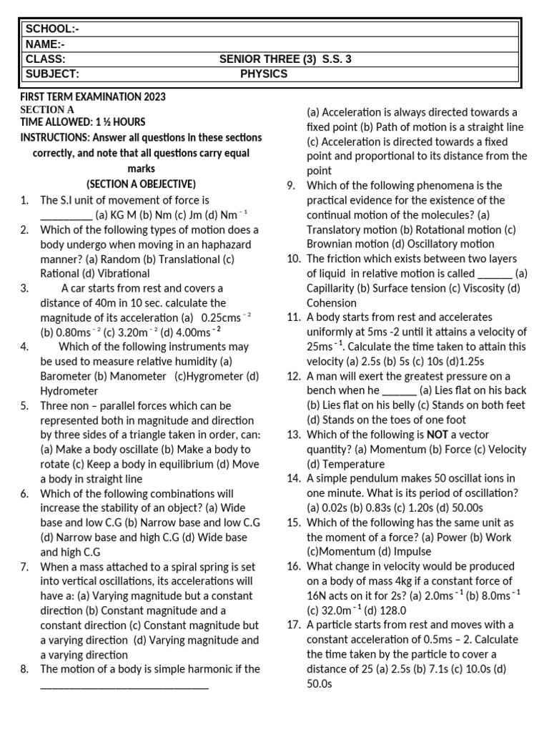 Physics SS3 Exam 1ST Term | PDF | Force | Acceleration