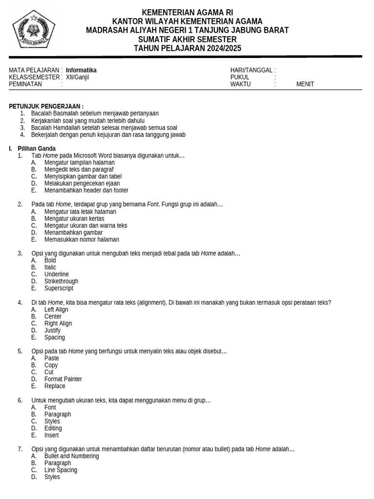 Soal Informatika Kelas XII - Ganjil 2024-2025 | PDF