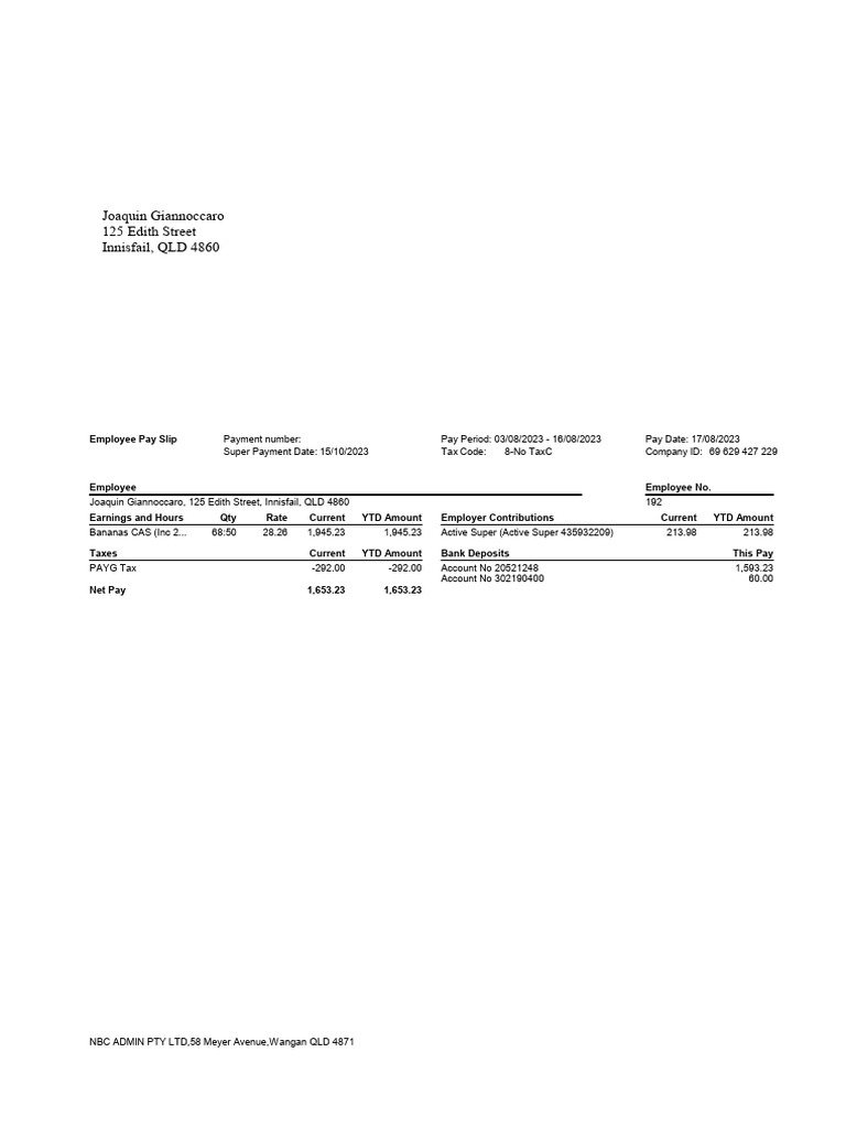 Payslip From NBC Admin Pty LTD | PDF