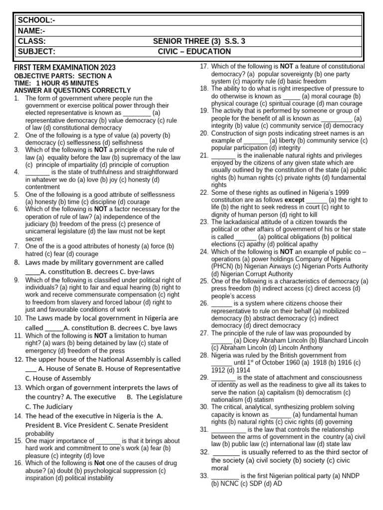 Civic Edu SS3 First Term Exam-Apineapple | PDF | Democracy | Political Ideologies