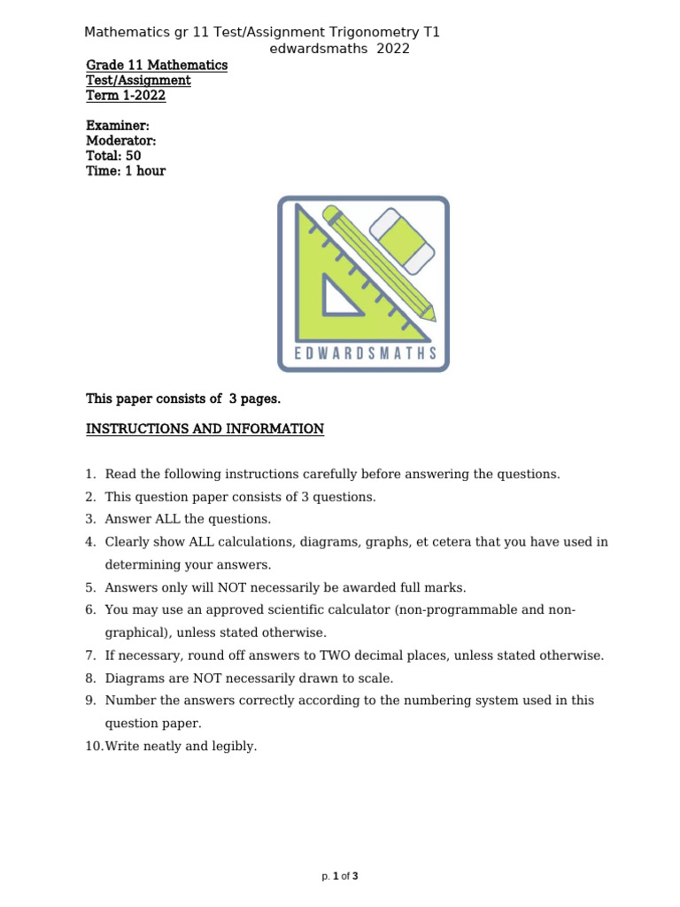 Grade 11 Trigonometry Test T1 2022 | PDF | Trigonometry | Elementary ...