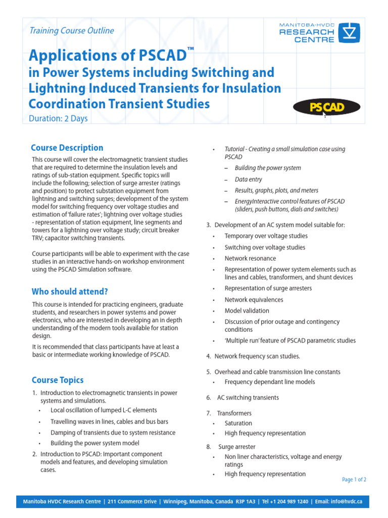 Course Outline - Applications of PSCAD in Power Systems - Insulation ...