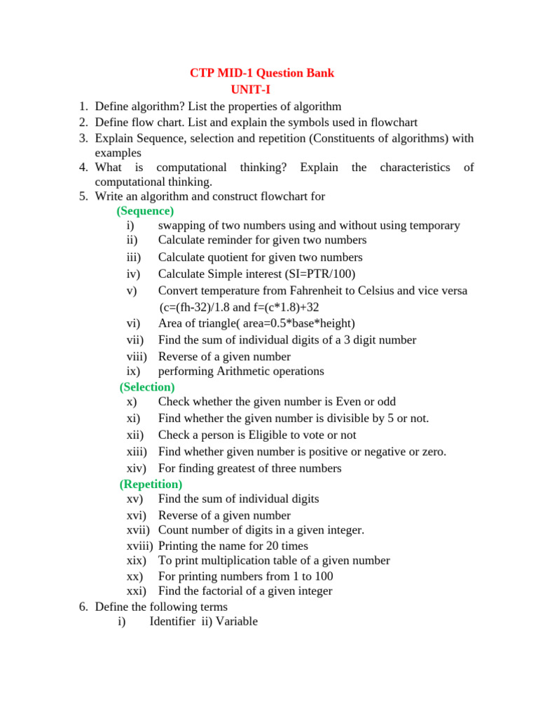 CTP MID1 Question Bank (12 - 10 - 23) | PDF | Matrix (Mathematics) | Numbers