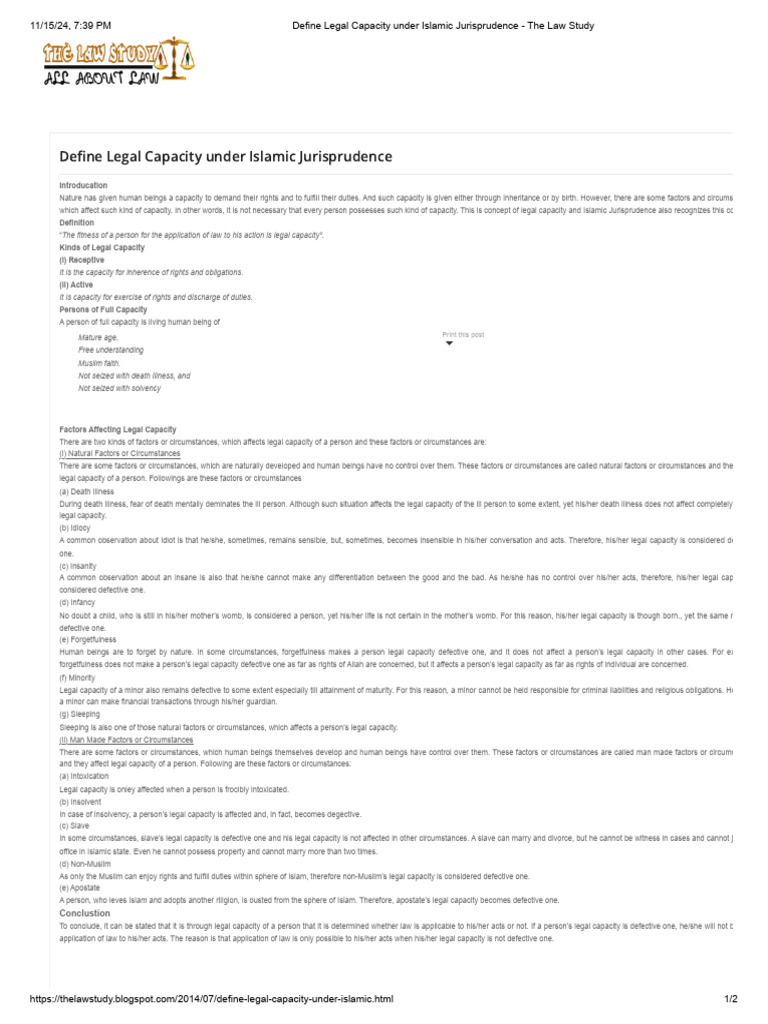 Define Legal Capacity Under Islamic Jurisprudence - The Law Study | PDF ...