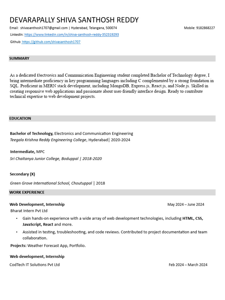 Resume Shivasanthosh 10-09 | PDF | Web Development | Java Script