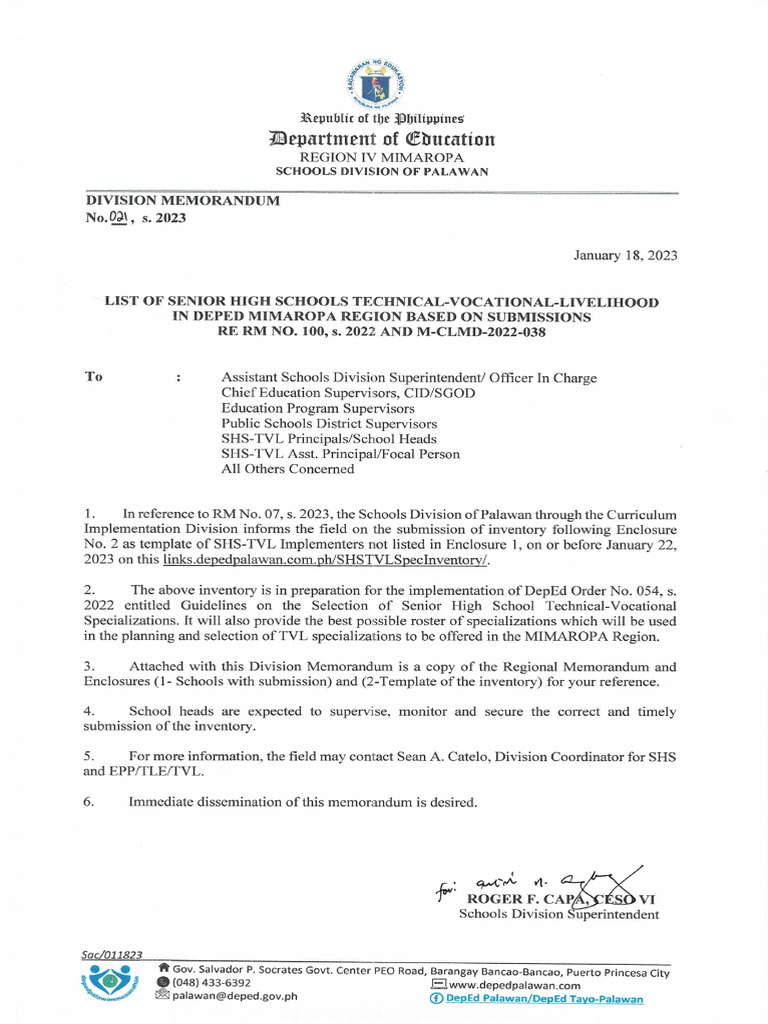 DM No. 021 S. 2023 List of Senior High Schools TVL in Deped MIMAROPA ...