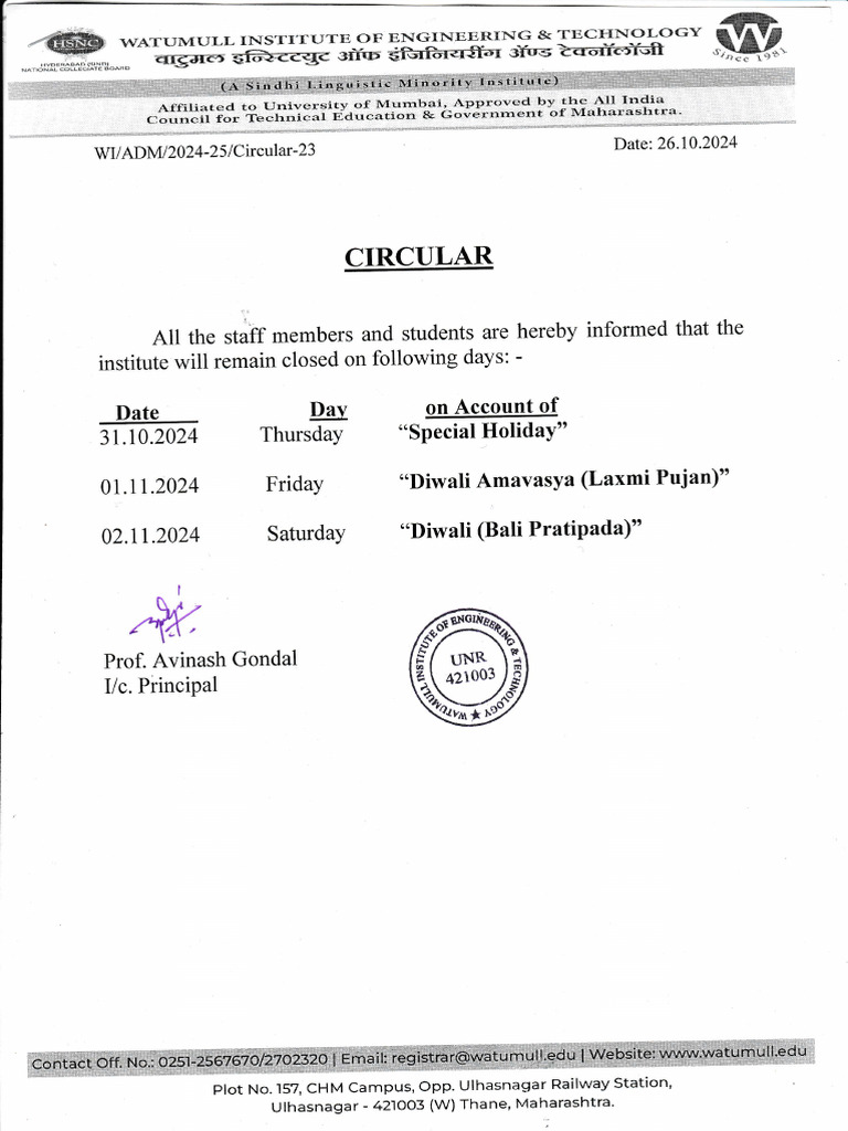 Diwali Holiday Notice for 2024 | PDF