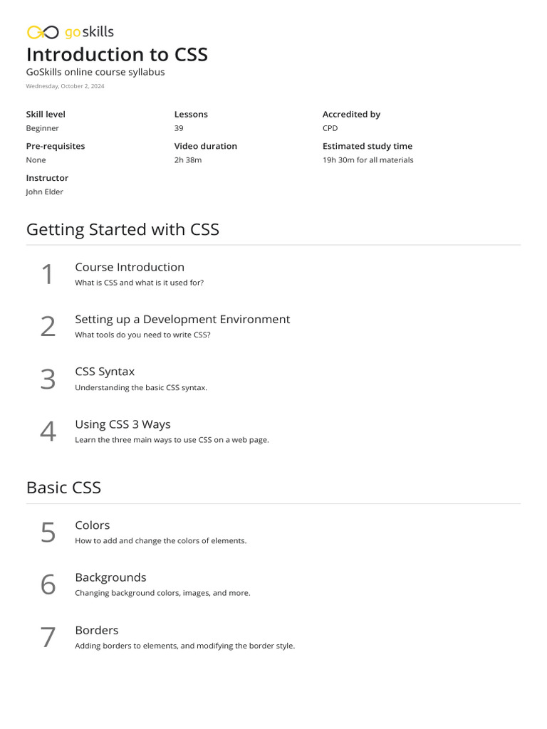 Introduction To CSS - GoSkills Course Syllabus | PDF | Bootstrap (Front ...