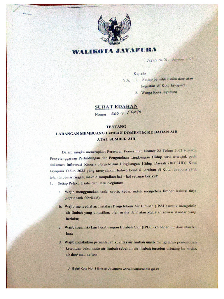 Surat Edaran Larangan Membuang Limbah Domestik Ke Badan Air | PDF