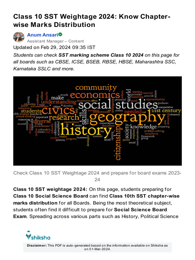 Class 10 SST Weightage 2024: Know Chapter-Wise Marks Distribution | PDF ...