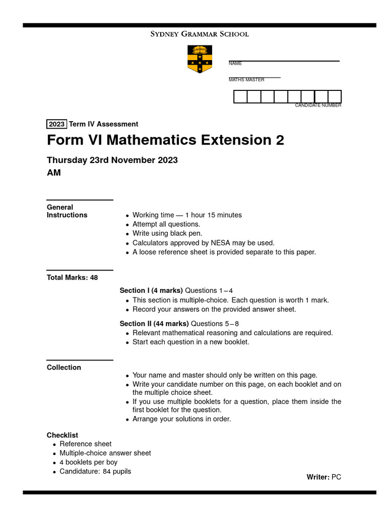 SGS FormVI Ext2 Term4 2023 | PDF | Multiple Choice | Mathematics