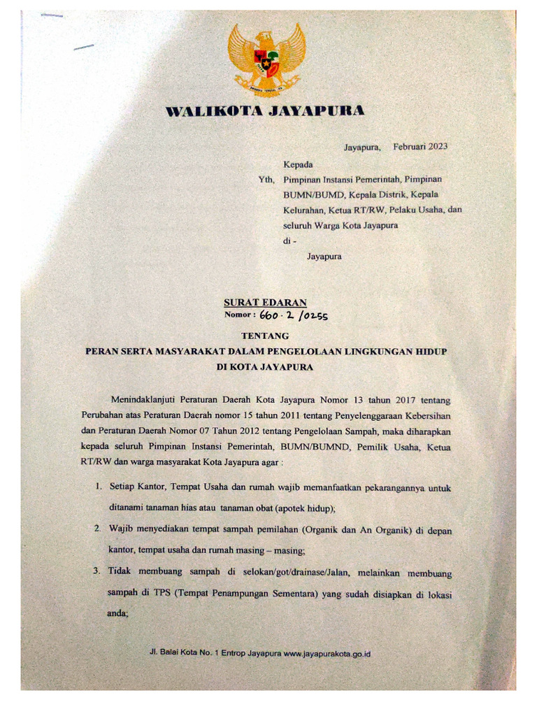 Surat Edaran Peran Serta Masayarakat Dalam Pengelolaan LH | PDF