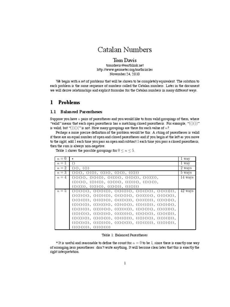 Catalan Numbers: 1 Problems | PDF | Multiplication | Mathematical Objects