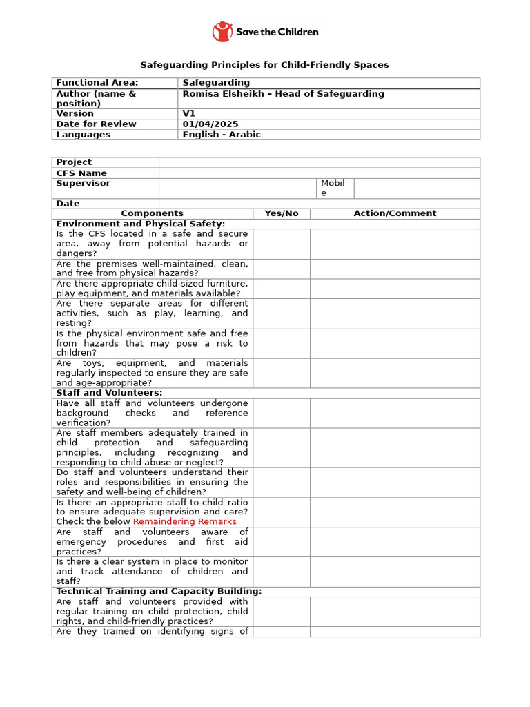 Annex I - Safeguarding Principles For Child-Friendly Spaces Checklist ...