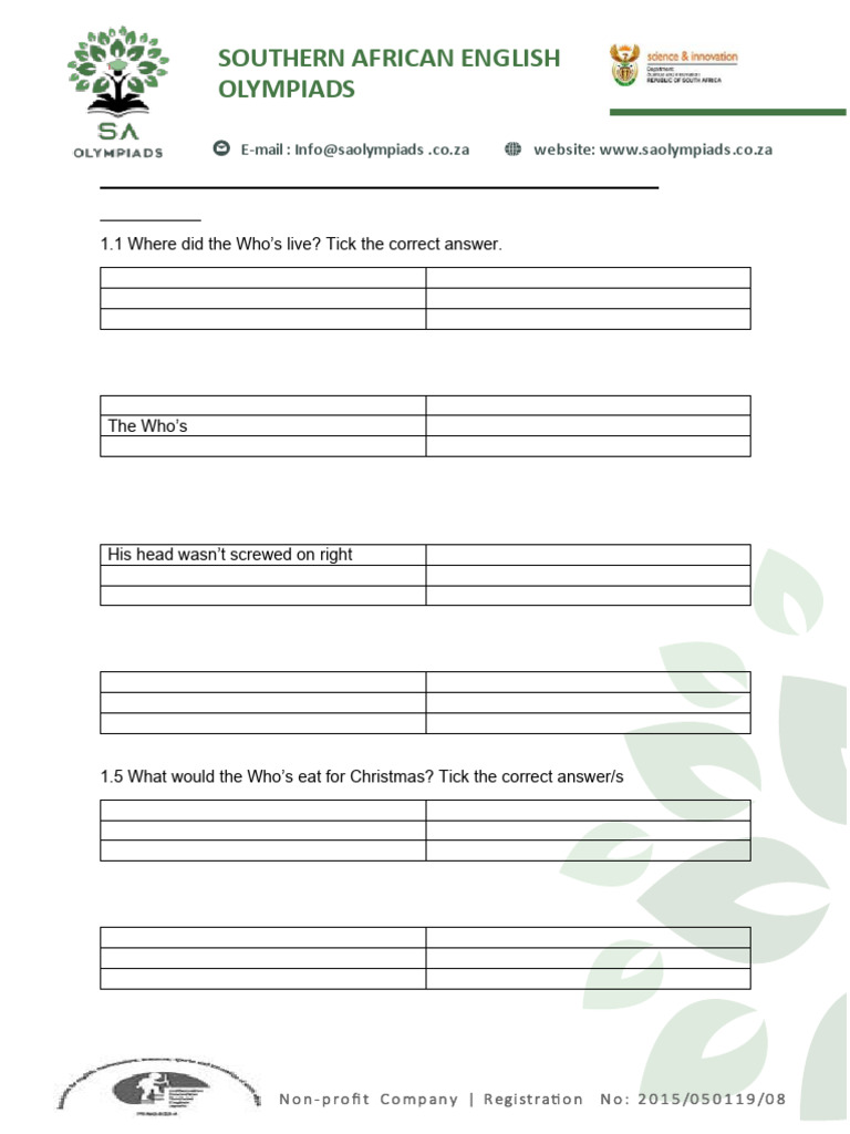 ENGLISH OLYMPIAD 2023 Grade 3 Answer Sheet | PDF | Crossword