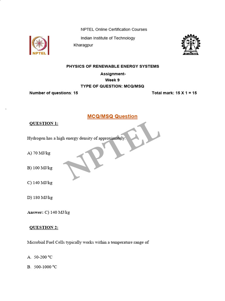Week 9 Physics of Renewable Energy Quiz | PDF | Fuel Cell ...