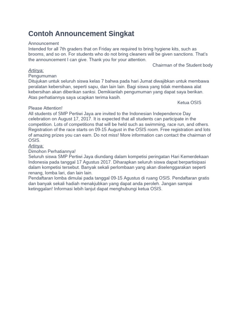 Contoh Announcement Singkat | PDF | Gaya Hidup