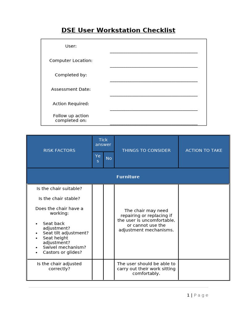 DSE Workstation Risk Assessment Checklist | PDF | Chair | Computer Keyboard