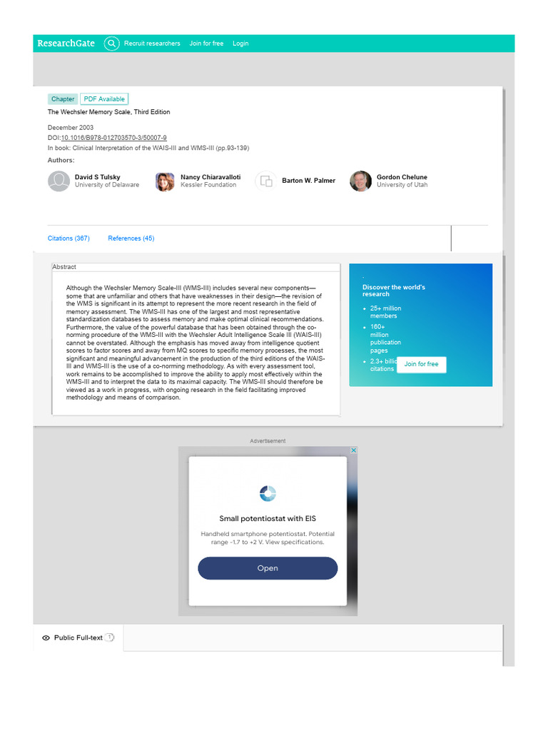 (PDF) The Wechsler Memory Scale, Third Edition | PDF | Wechsler Adult ...