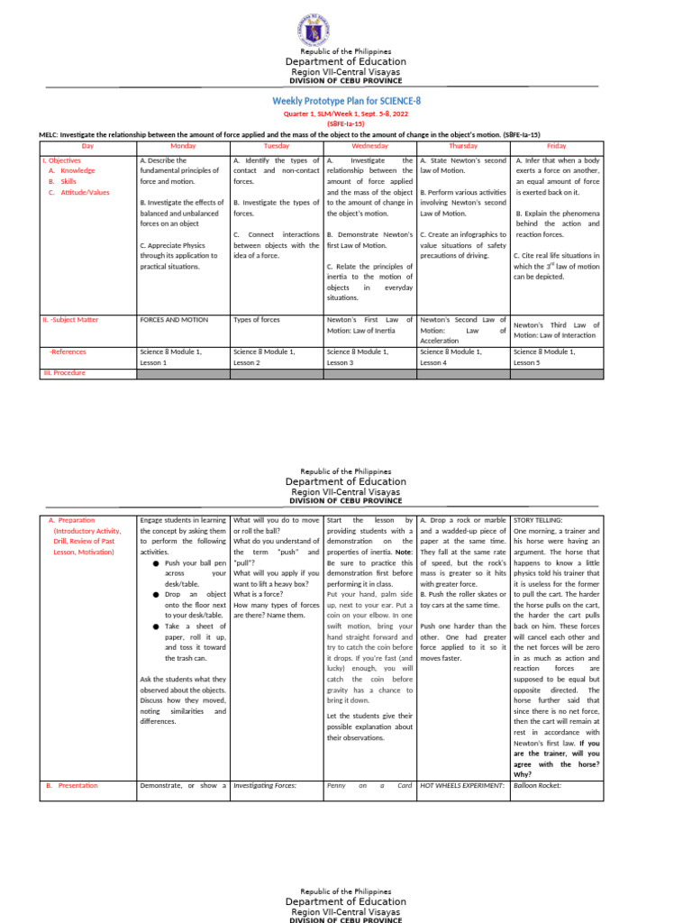 Gr. 8 Weekly Prototype Plan For SCIENCE8 w1 (Ok) | PDF | Force | Mass
