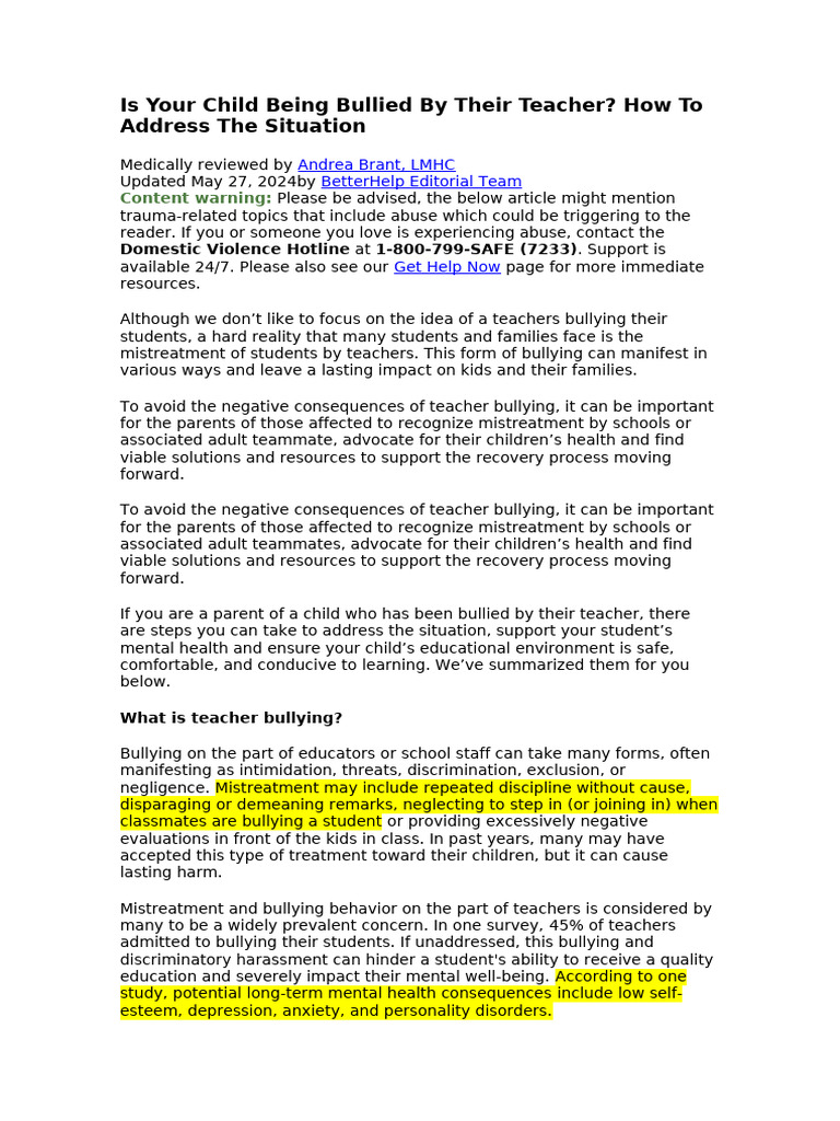 Addressing Teacher Bullying: A Parent's Guide | PDF | Bullying | Mental ...