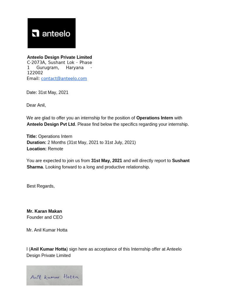 Anteelo Internship Offer Anil-2 | PDF | Business