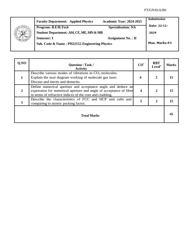 PH22152 - Engg. Physics Assignment - 2 | PDF