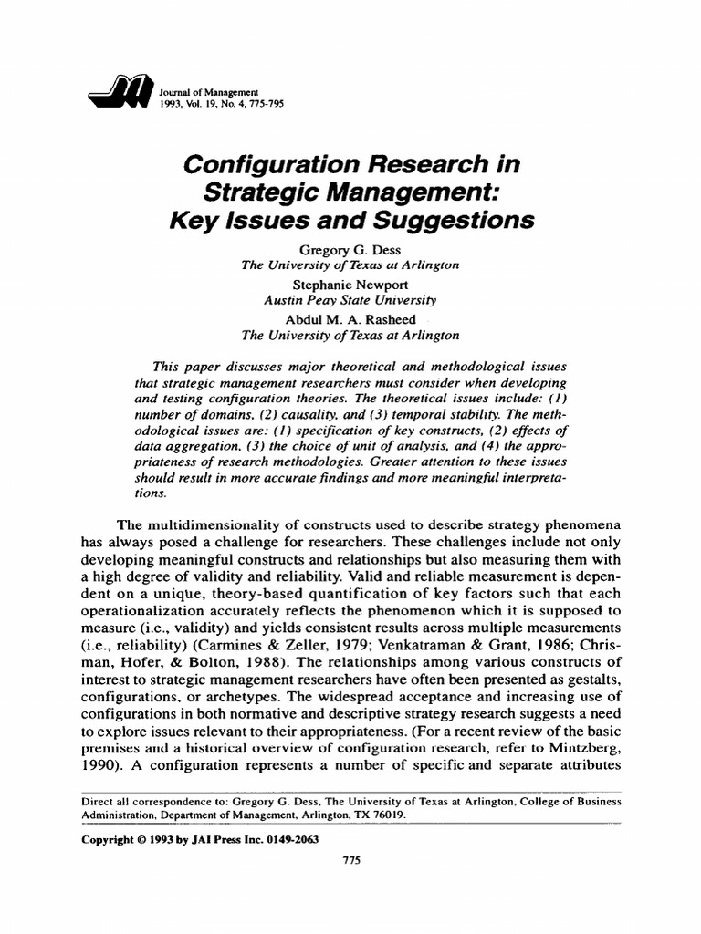 Configuration Research in Strategic Management Key Iss - 1993 - Journal ...