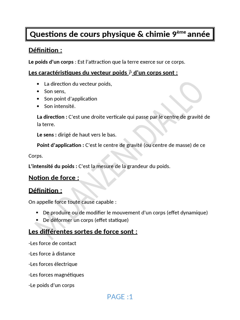 Questions de physique-chimie 9ème année | PDF | Obliger | Poids