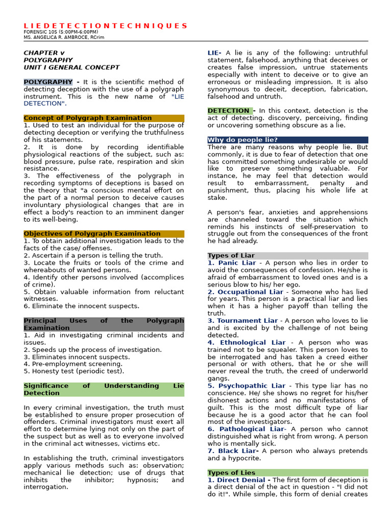Prelims Lie Detection Techniques Forensic 105 | PDF | Polygraph | Hypnosis