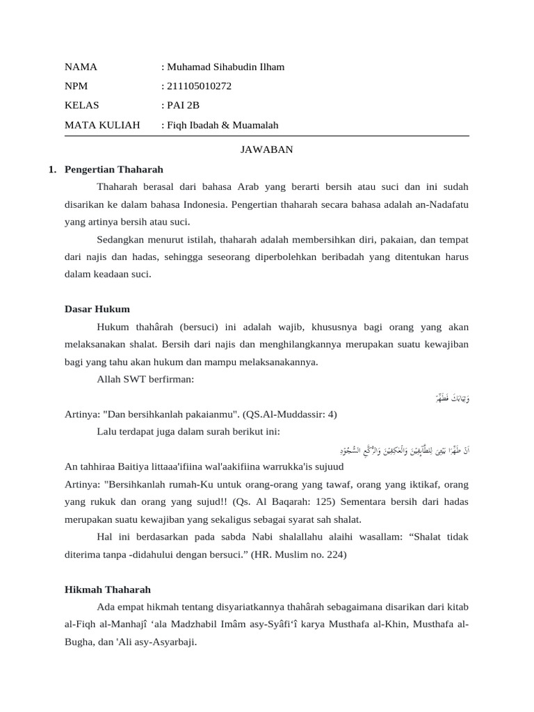 Muhamad Sihabudin Ilham (211105010272) - UTS Fiqh Ibadah & Muamalah - PAI 2B | PDF