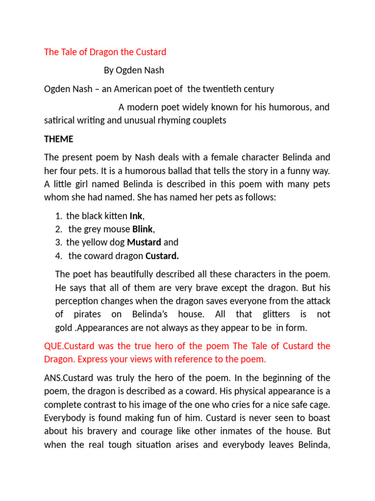 The Tale of Dragon The Custard | PDF | Courage | Poetry